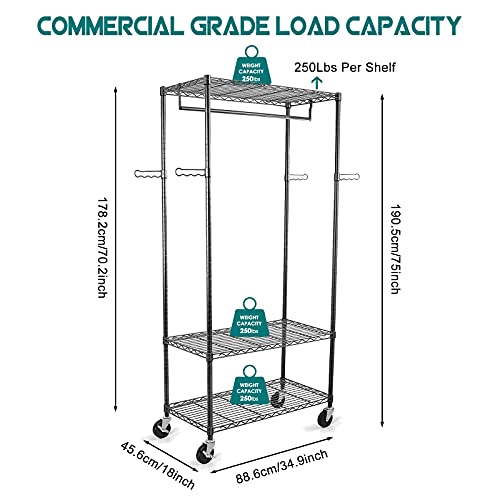 WDT Rolling Garment Rack with Wheels, Large Heavy Duty Clothing Rack with 3 Tier Shelves, Adjustable Metal Garment Closet Organizer Rack for Hanging Clothes, 35"L x 18"W x 74.4"H