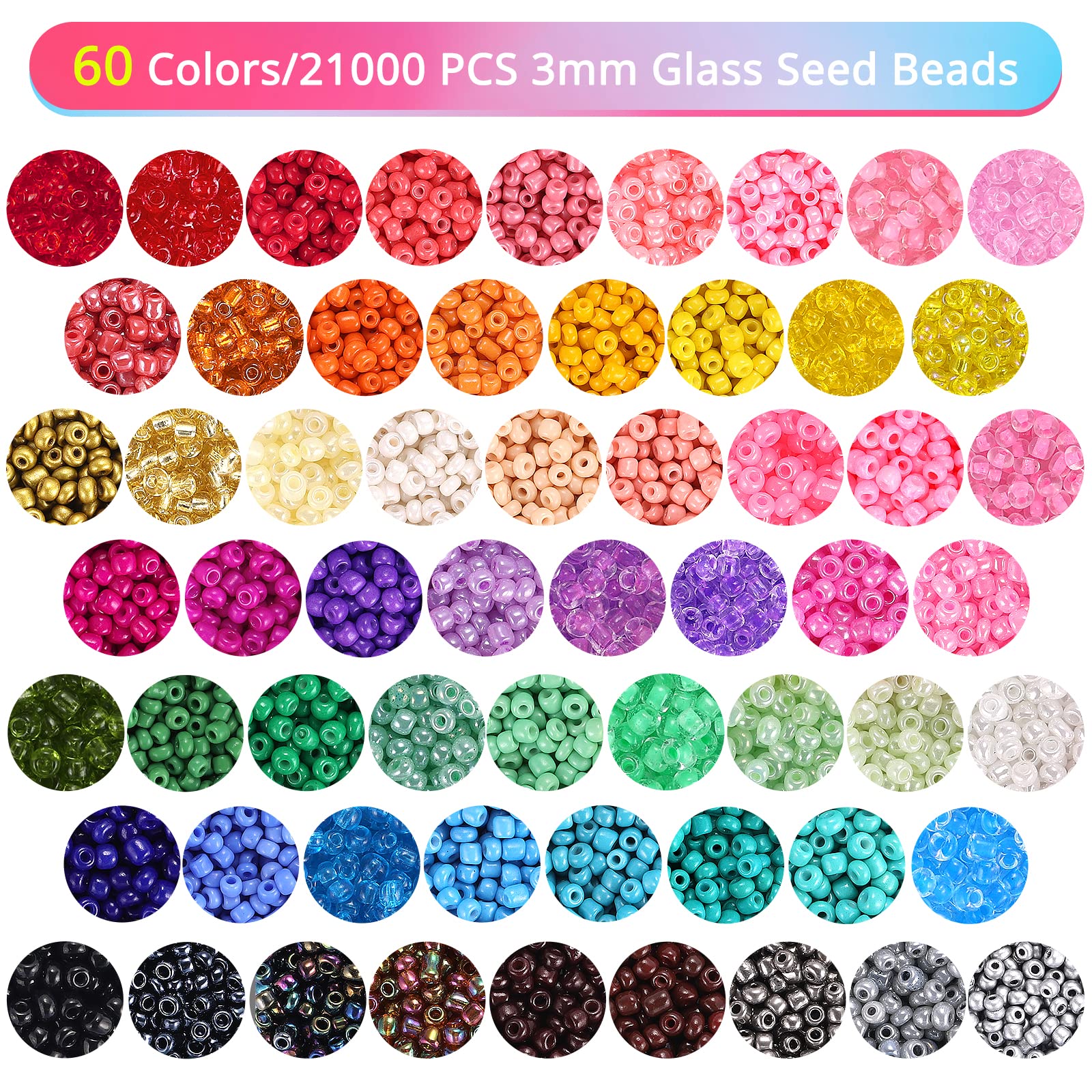 Funtopia 3mm 21600pcs Seed Beads for Jewelry Making, 60 Colors Small Glass Beads for Bracelets, Friendship Bracelet Kit with Alphabet Letter Beads, Evil Eye Beads for DIY, Art and Craft