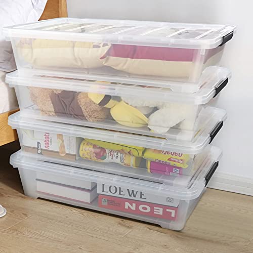 Xyskin 4 Packs 40 Quart Plastic Large Under Bed Storage Box, Clear Storage Bin with Wheels
