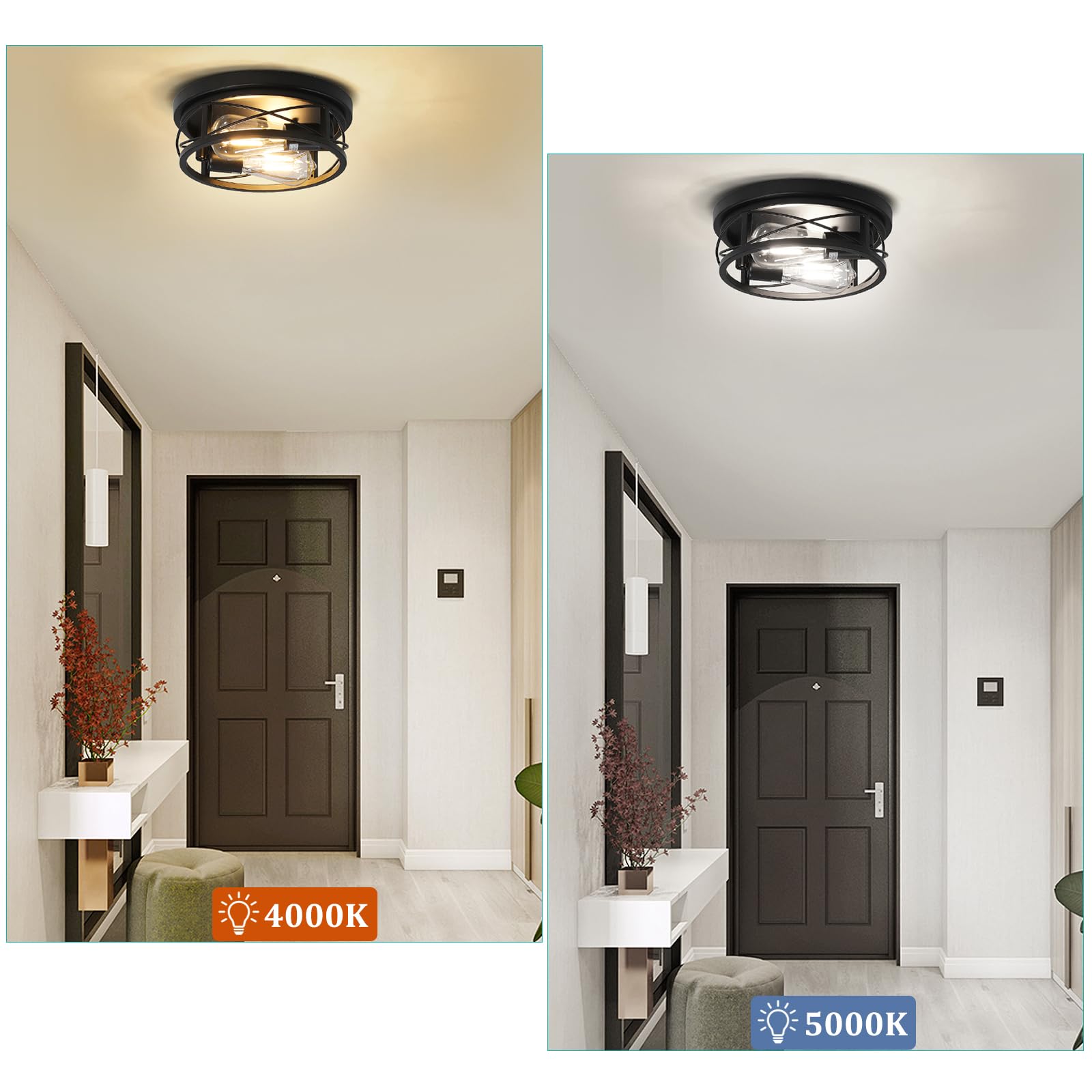 Baocuz 2-Light Flush Mount Ceiling Light Fixture, Farmhouse Light Fixtures Ceiling Mount for Hallway, Metal Cage Black Ceiling Lighting Lamp for Kitchen, Living Room, Entryway (2 Pack)