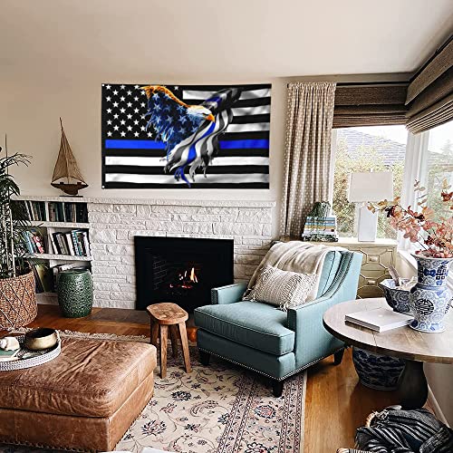 mokarier The Thin Blue Line Police Law Enforcement American Eagle Flag Banner with Grommets 3x5Ft College Home Room Man Cave Frat Wall Banner Decor THB3482