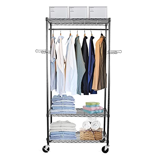 WDT Rolling Garment Rack with Wheels, Large Heavy Duty Clothing Rack with 3 Tier Shelves, Adjustable Metal Garment Closet Organizer Rack for Hanging Clothes, 35"L x 18"W x 74.4"H
