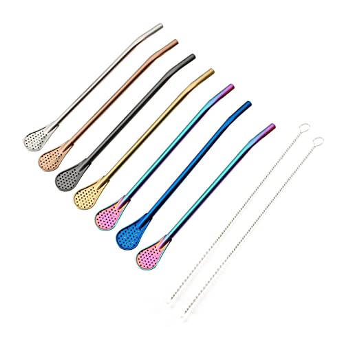 Reusable Straws Spoon for Yerba Mate Stainless Steel Straw Spoon Filter Strainers for Loose Tea, Coffee Stirrers, Smoothie Slushy Straws, 9 Pcs 6 Colors with 2 Cleaner Brushes