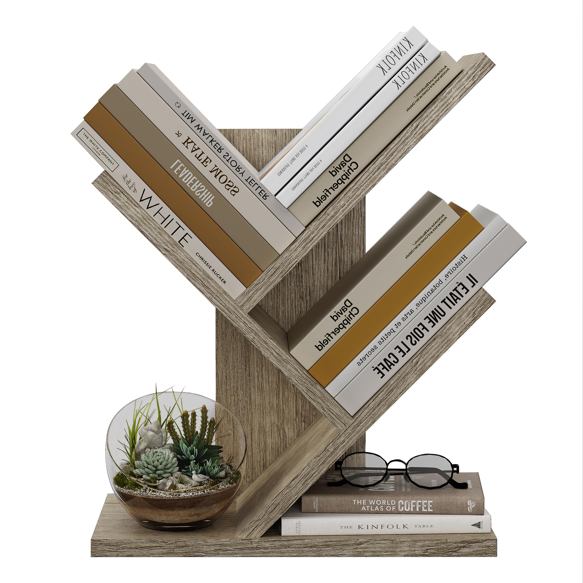 Tajsoon 3 Tier Tree Bookshelf, Small Bookshelf, Desktop Bookshelf Floor Standing Bookcase Display for CDs/Magazine/Books, Book Organizer Shelves for Bedroom, Living Room, Office, Greige