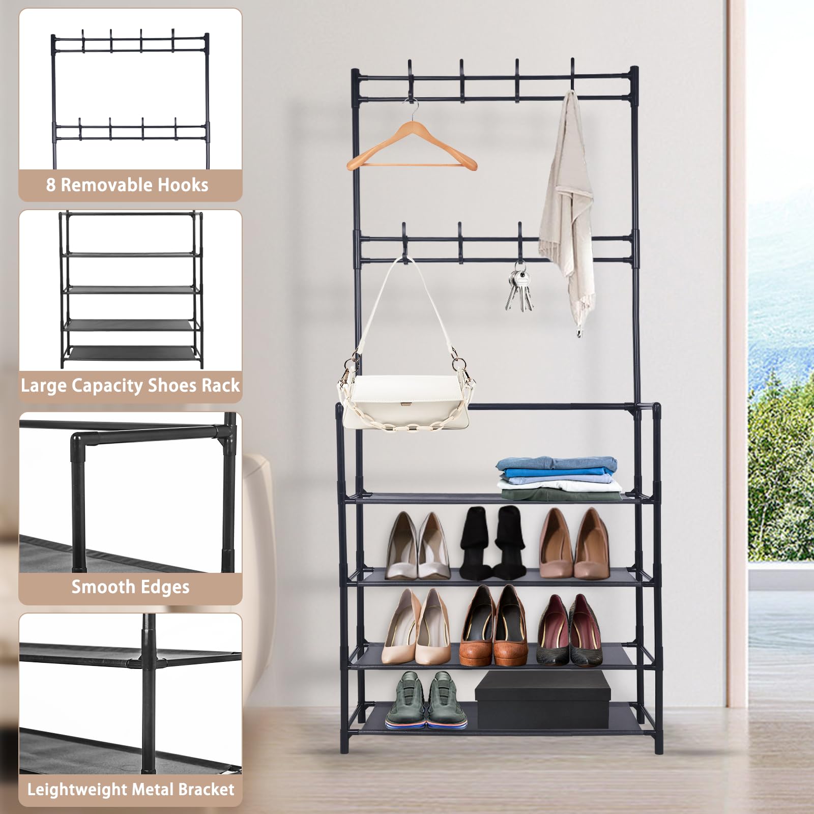 Simland Entryway Bench Coat Rack with Shoe Storage, Hall Tree with 4 Tier Shoes Shelf Storage Organizer, 23.6 inch