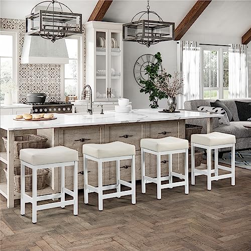 KATDANS Bar Stools Set of 2, 24" Counter Height Saddle Bar Stools, Upholstered PU Leather Bar Stools for Kitchen Island, Mid Century Modern Backless Barstools with Metal Base, KS861P-Cream, 2Pcs