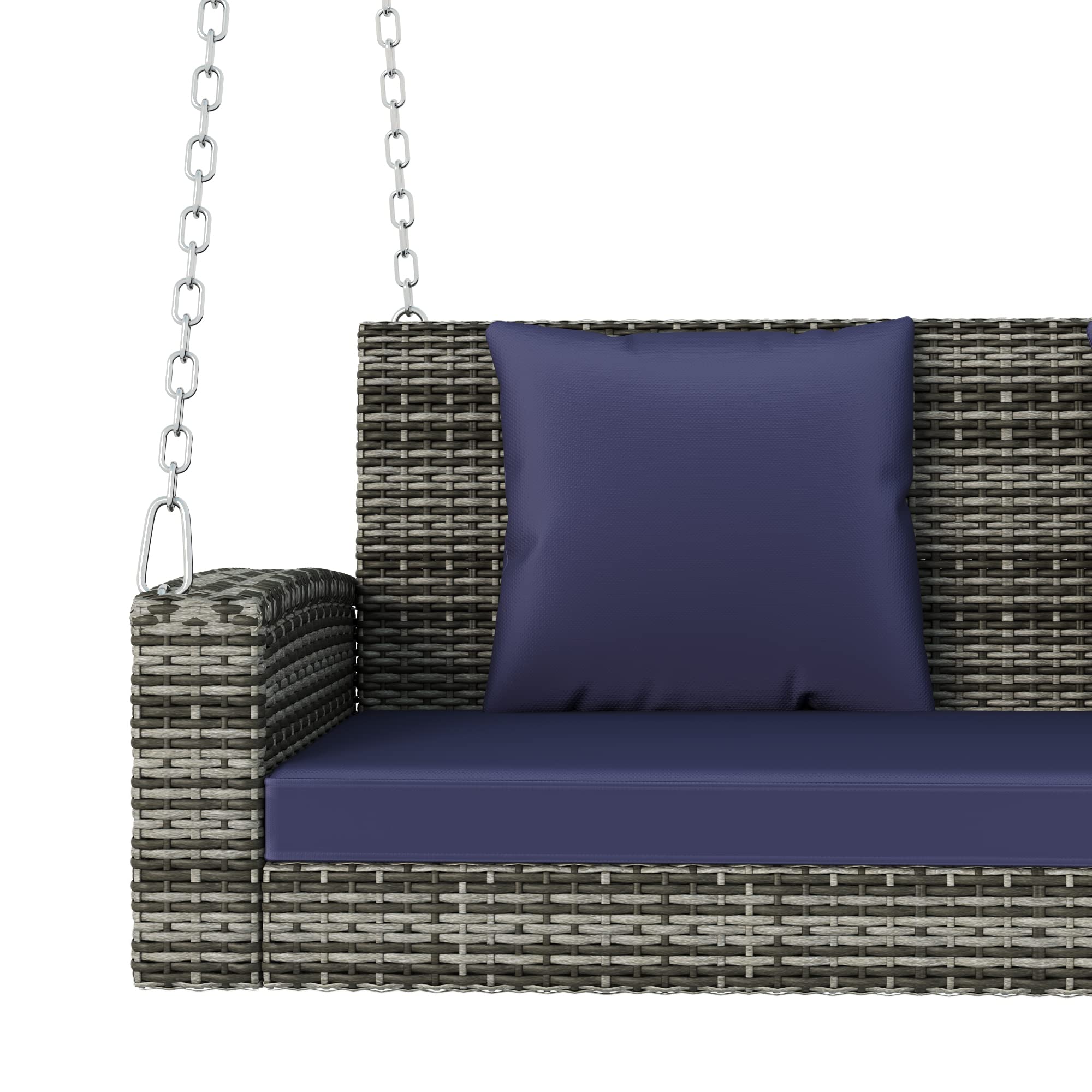 ERYE Outdoor PE Wicker Swing Chains, Pillows for Garden, Backyard, Pond Porch Furniture Set, 2 Seaters Double Rattan Cushioned Conversation Hanging Sofa & Couch, Gray+Blue