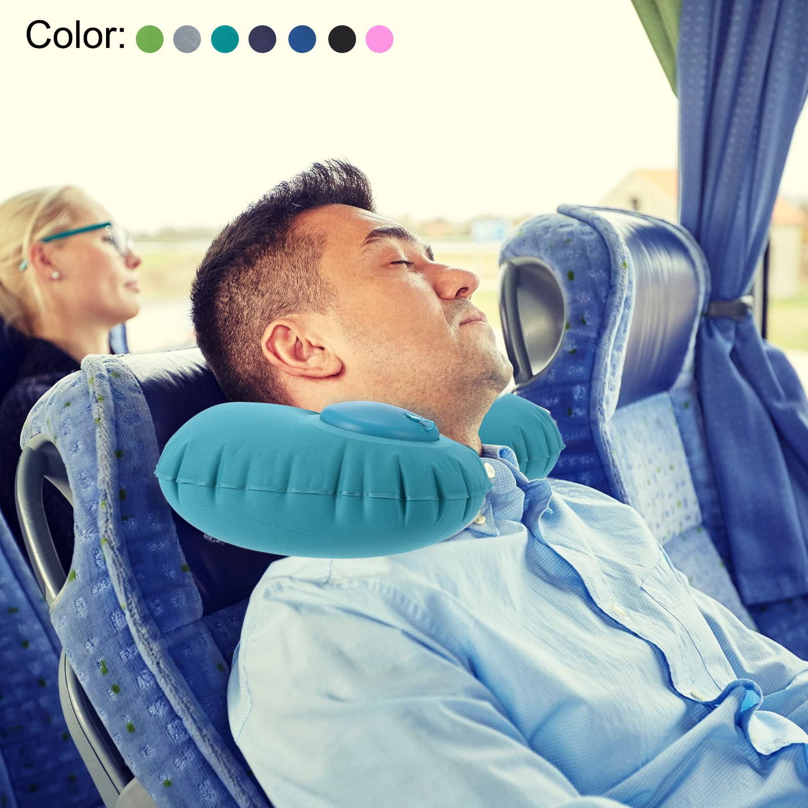 PATIKIL Travel Pillow, Inflatable Plane Sleeping Pillow Head Neck Support Pillows for Travel Airplane Office, Green