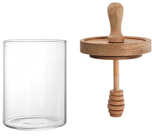 Lawei Glass Honey Jars with Wooden Dipper and Lid - 13 Oz Honey Pot Clear Glass Syrup Container for Storage