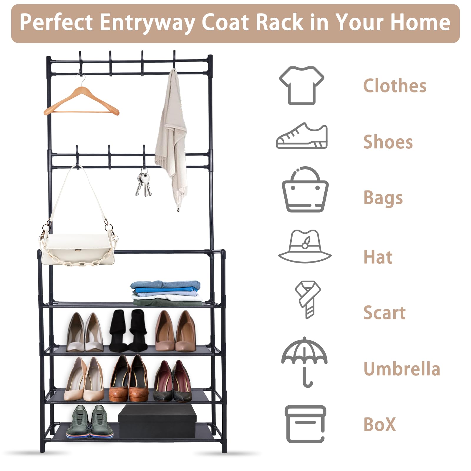 Simland Entryway Bench Coat Rack with Shoe Storage, Hall Tree with 4 Tier Shoes Shelf Storage Organizer, 23.6 inch