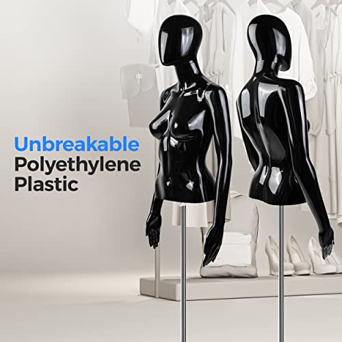 SereneLife Female Mannequin Torso, Adjustable Height and Detachable Arms Dress Form Display with Metal Stand, Glossy Black, for Sweaters, T-Shirts, Jackets, Dresses, Blouses, Tops