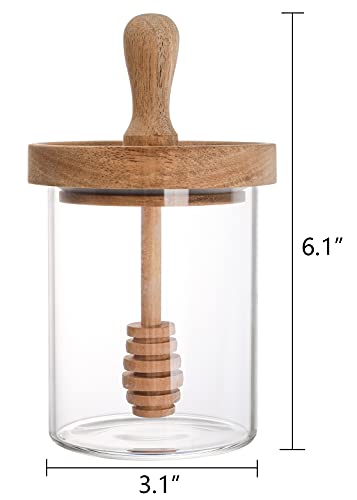 Lawei Glass Honey Jars with Wooden Dipper and Lid - 13 Oz Honey Pot Clear Glass Syrup Container for Storage