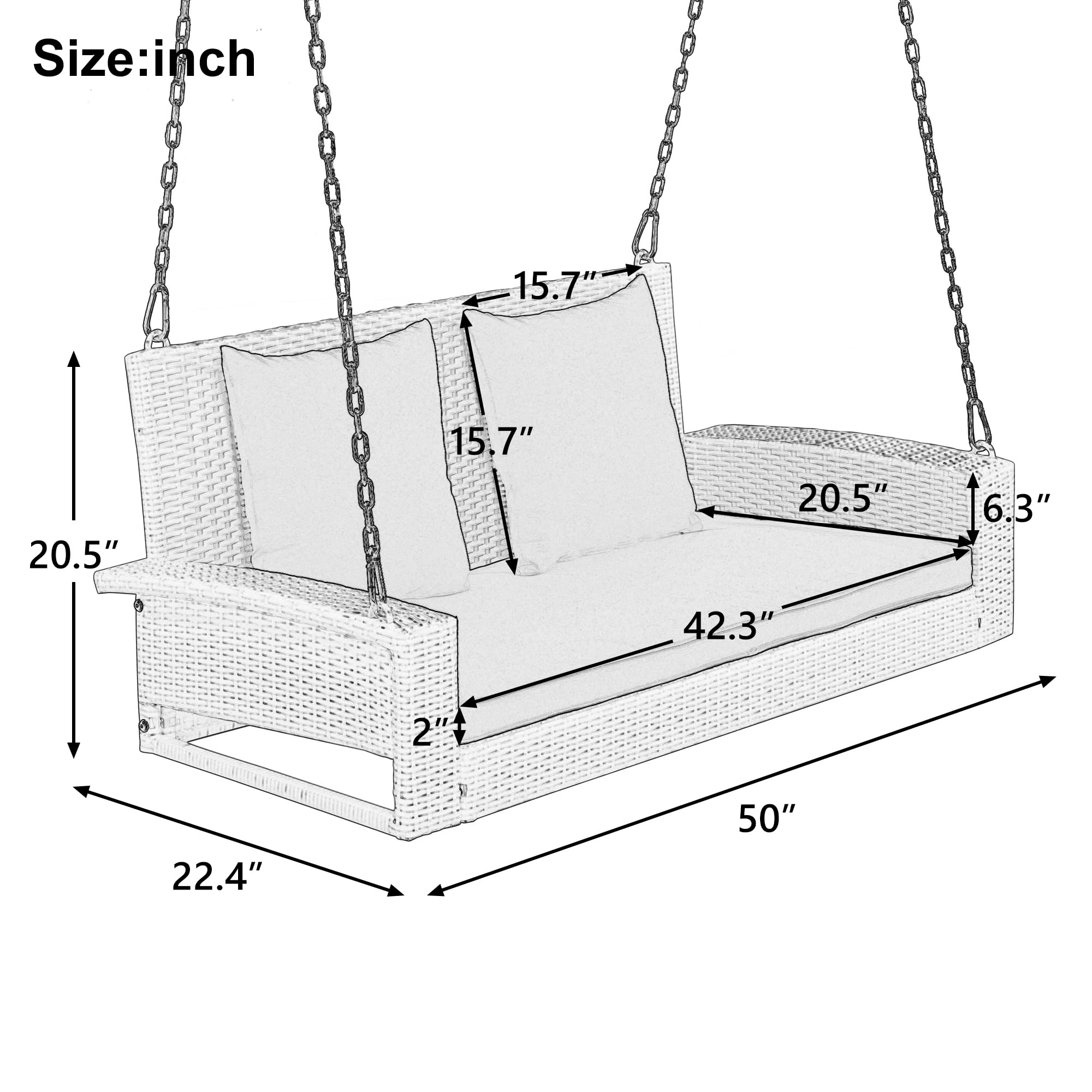 ERYE Outdoor PE Wicker Swing Chains, Pillows for Garden, Backyard, Pond Porch Furniture Set, 2 Seaters Double Rattan Cushioned Conversation Hanging Sofa & Couch, Gray+Blue