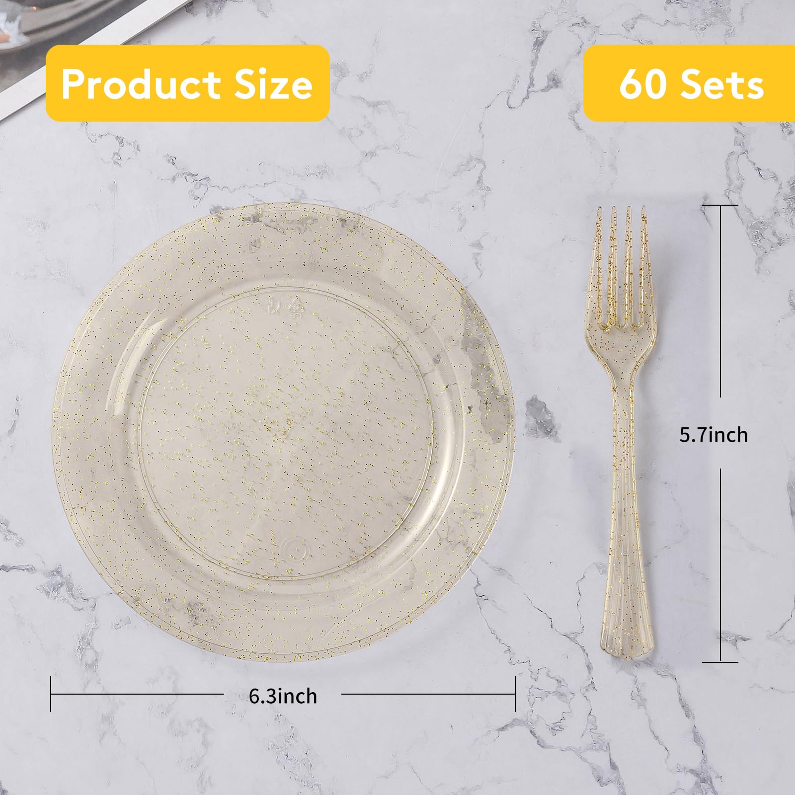 Goodluck 60 Plastic Dessert Plates 6.3" with 60 Plastic Forks 5.7", Gold Glitter Disposable Plates for 60 Guests, Heavy Duty Plastic Plates for Party, Appetizer Plates for Wedding