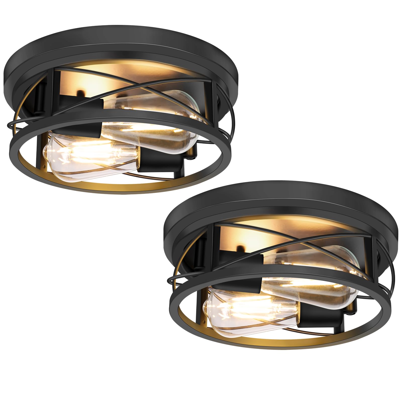 Baocuz 2-Light Flush Mount Ceiling Light Fixture, Farmhouse Light Fixtures Ceiling Mount for Hallway, Metal Cage Black Ceiling Lighting Lamp for Kitchen, Living Room, Entryway (2 Pack)