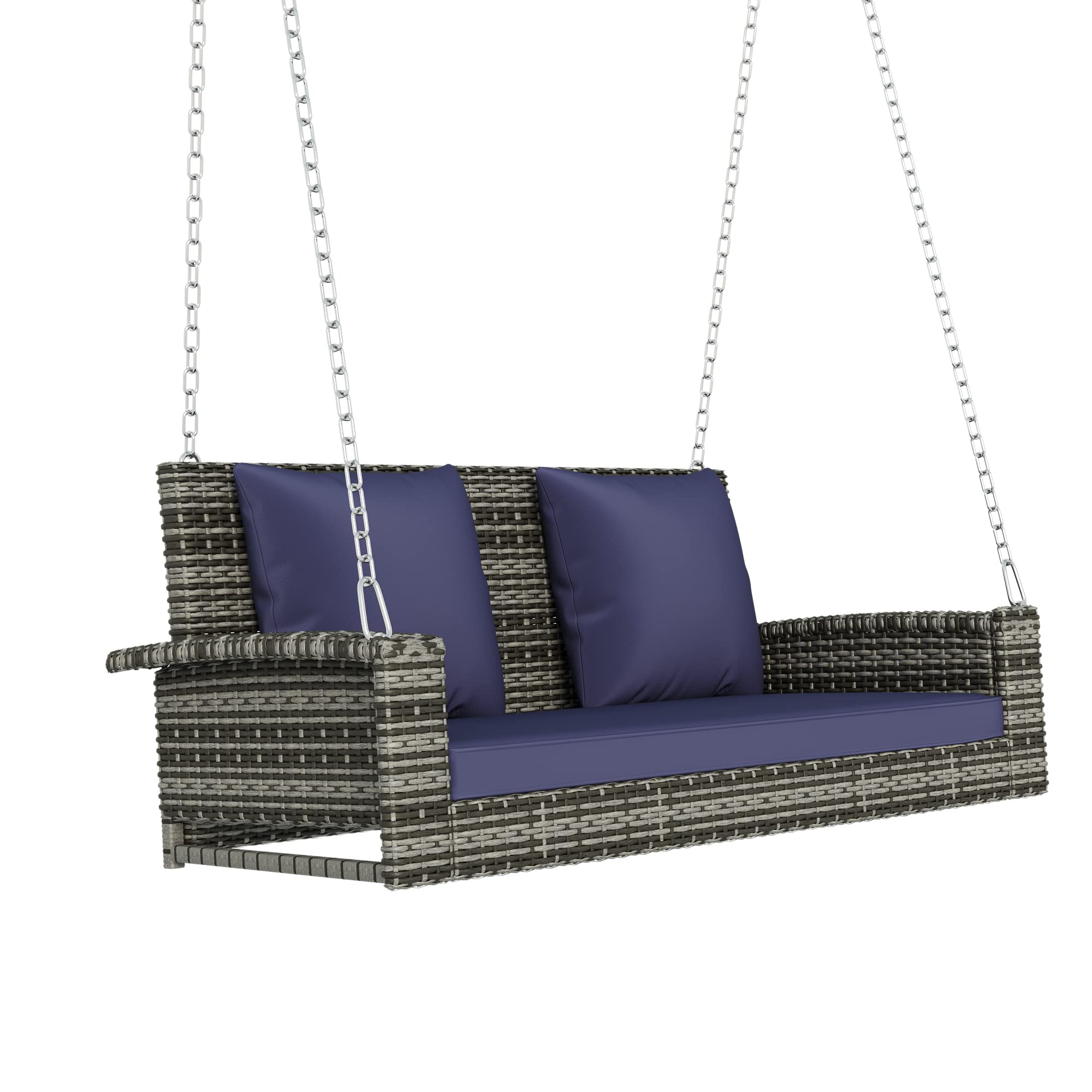 ERYE Outdoor PE Wicker Swing Chains, Pillows for Garden, Backyard, Pond Porch Furniture Set, 2 Seaters Double Rattan Cushioned Conversation Hanging Sofa & Couch, Gray+Blue