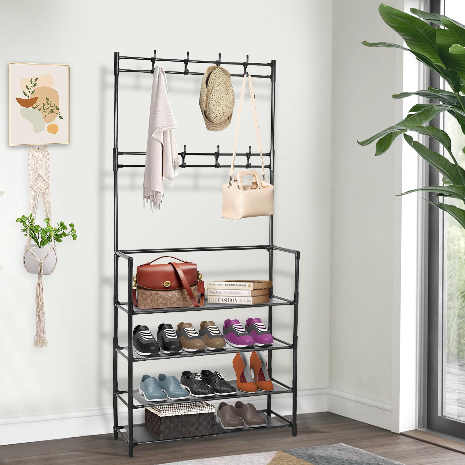 Simland Entryway Bench Coat Rack with Shoe Storage, Hall Tree with 4 Tier Shoes Shelf Storage Organizer, 23.6 inch