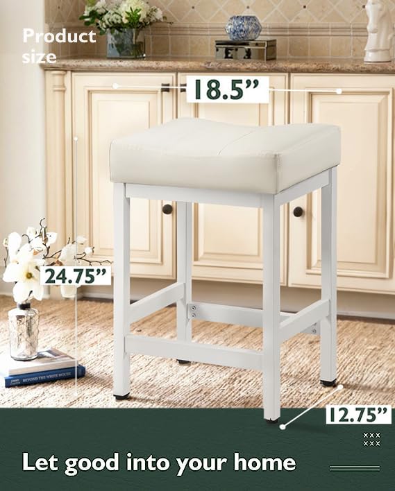 KATDANS Bar Stools Set of 2, 24" Counter Height Saddle Bar Stools, Upholstered PU Leather Bar Stools for Kitchen Island, Mid Century Modern Backless Barstools with Metal Base, KS861P-Cream, 2Pcs
