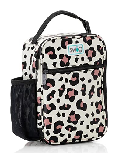 Swig Life Boxxi Lunch Box, Insulated Lunch Box for Women with Water Bottle Holder Side Pocket, Adjustable Meal Divider, Front Zipper Pocket, and Top Buckle Handle in Luxy Leopard Print