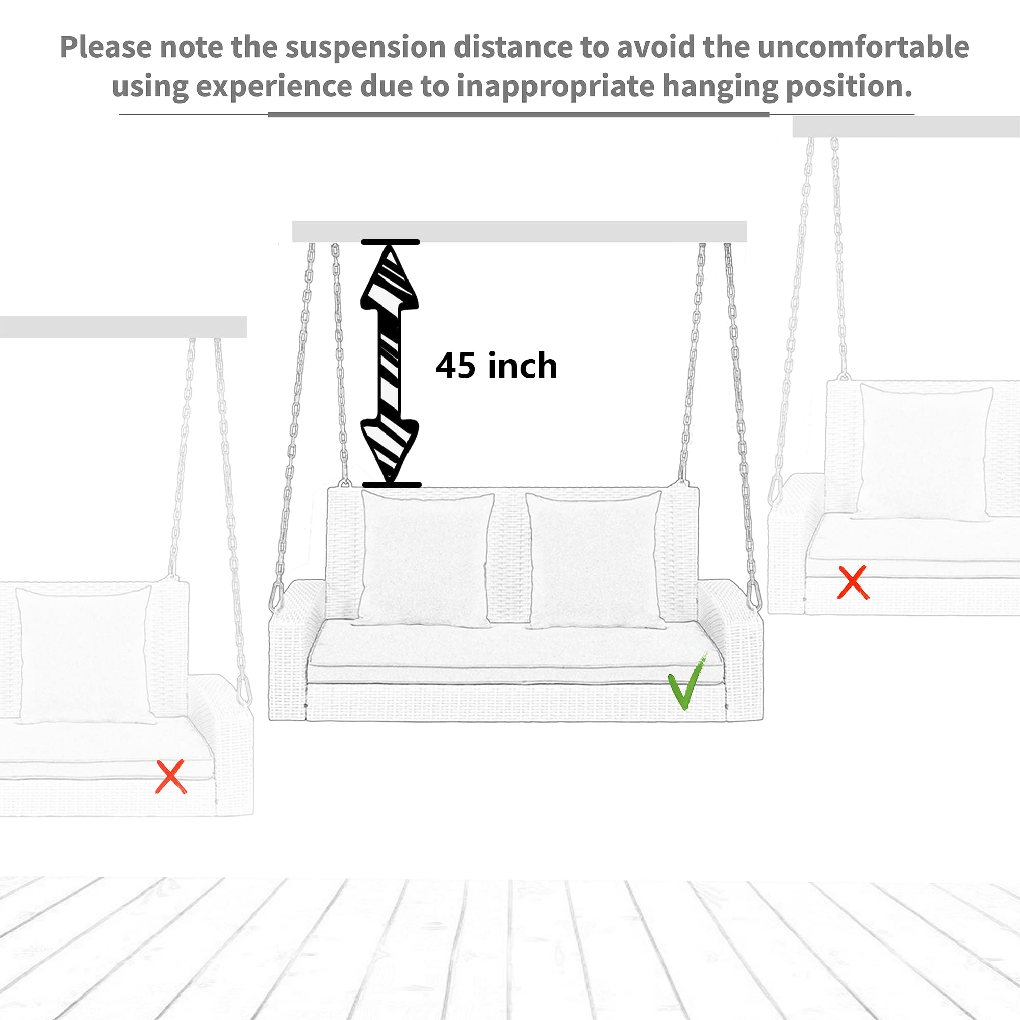 ERYE Outdoor PE Wicker Swing Chains, Pillows for Garden, Backyard, Pond Porch Furniture Set, 2 Seaters Double Rattan Cushioned Conversation Hanging Sofa & Couch, Gray+Blue