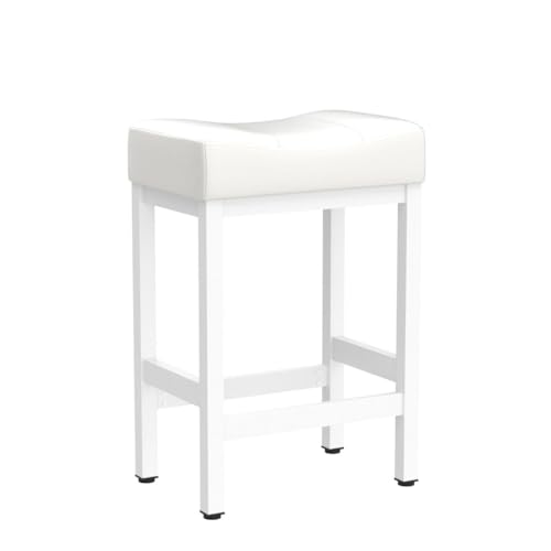 KATDANS Bar Stools Set of 2, 24" Counter Height Saddle Bar Stools, Upholstered PU Leather Bar Stools for Kitchen Island, Mid Century Modern Backless Barstools with Metal Base, KS861P-Cream, 2Pcs