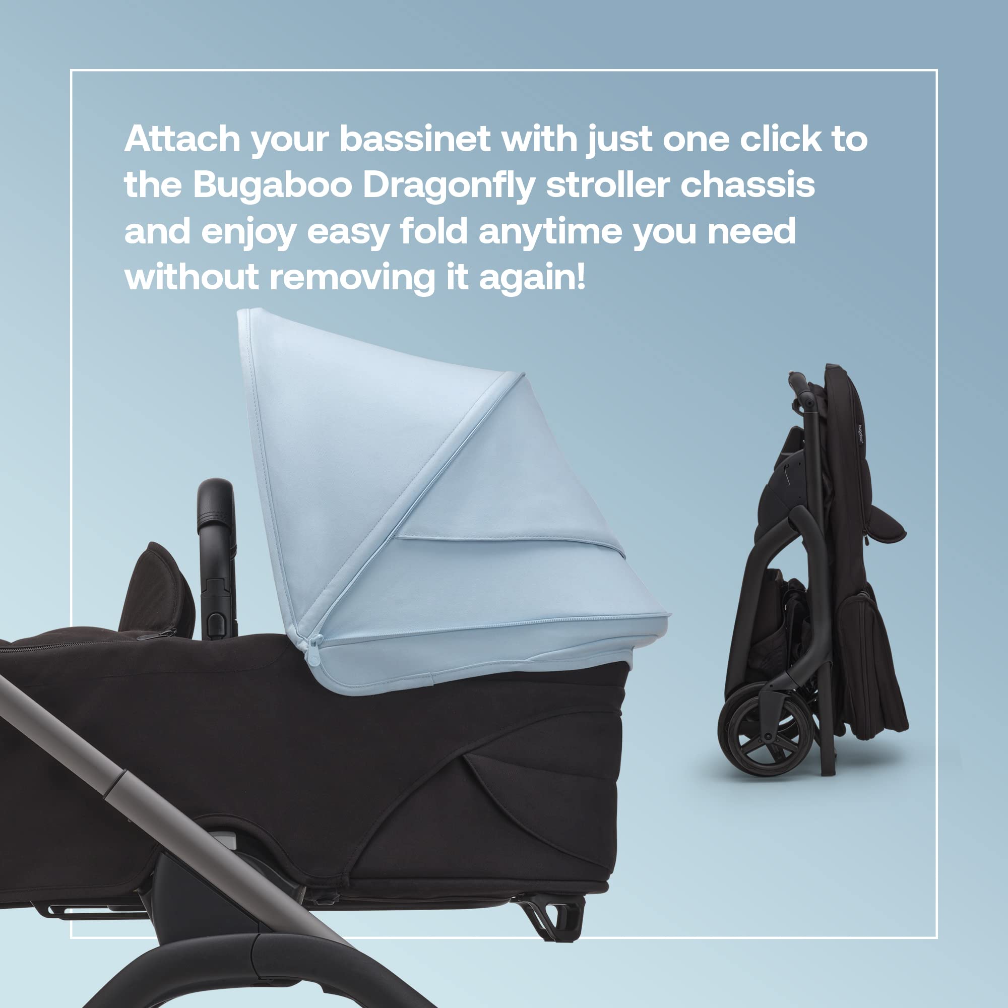 Bugaboo Dragonfly City Stroller with Full-Size Baby Bassinet and Toddler Seat, One Hand Easy Fold in Any Position, Full Suspension, Large Basket, Graphite Chassis and Skyline Blue Sun Canopy