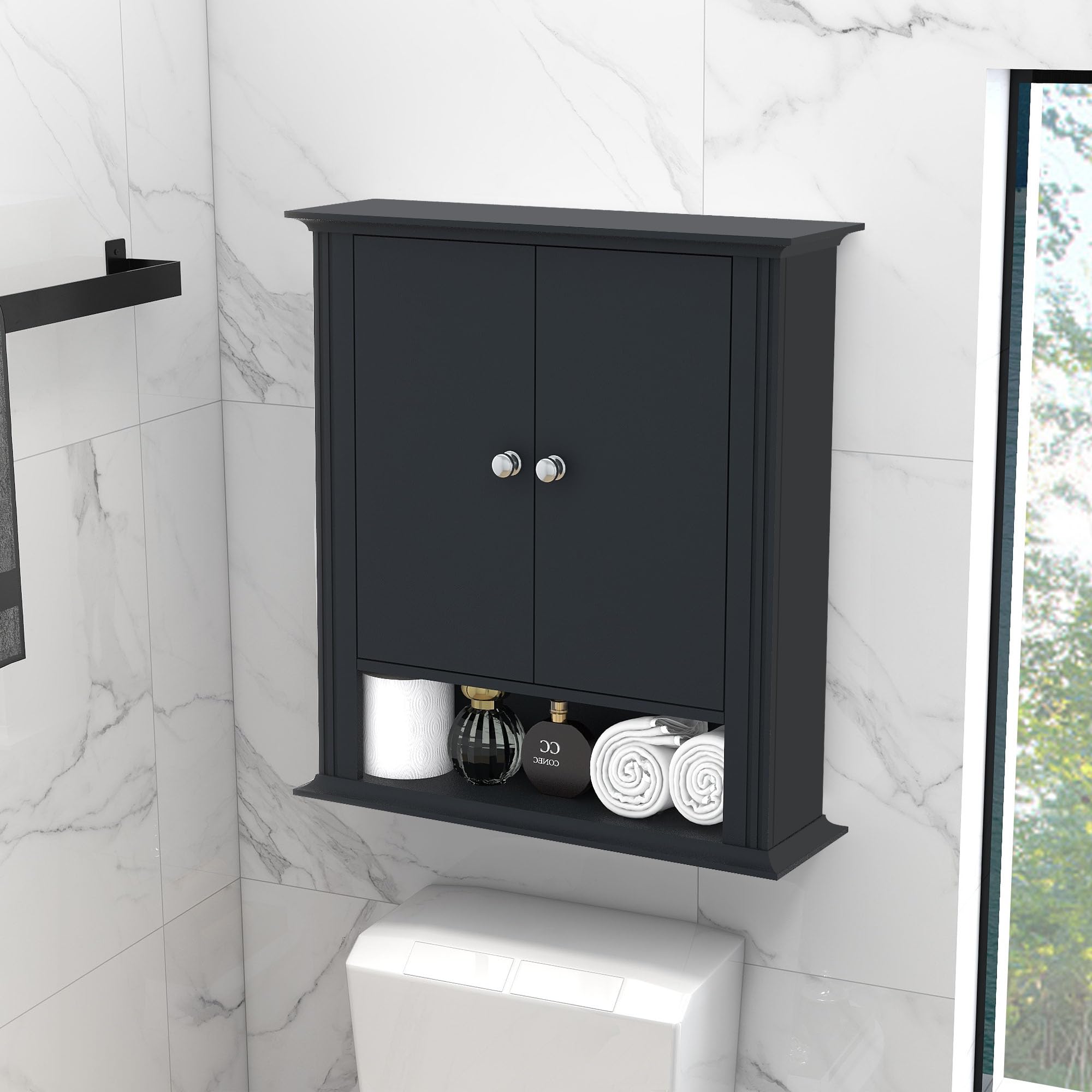 UYIHOME Wall Mounted Bathroom Medicine Cabinet with 2 Doors, Hanging Bathroom Wall Cabinet Over Toilet, Upper Cabinet Storage Cupboard for Bathroom Kitchen Laundry Room, Black, MC001