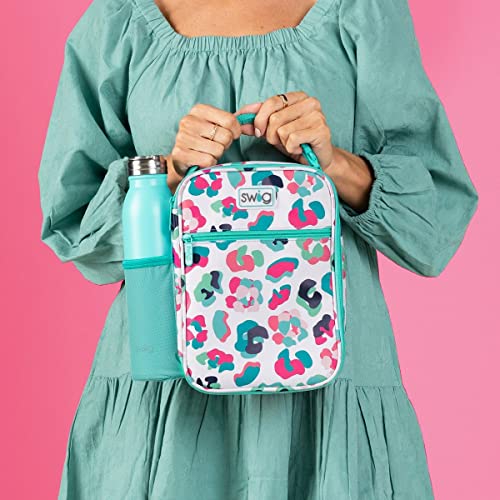 Swig Life Boxxi Lunch Box, Insulated Lunch Box for Women with Water Bottle Holder Side Pocket, Adjustable Meal Divider, Front Zipper Pocket, and Top Buckle Handle in Luxy Leopard Print