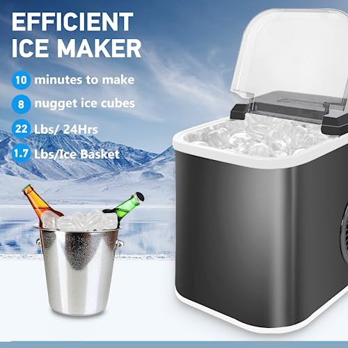 JoyPlanet Countertop Nugget Ice Maker, 8 Ice Cubes Ready in 10 Mins Up to 22lbs of Ice a Day 1.8lbs Ice Capacity Refillable Water Tank for Home Kitchen Office Bar Party (Stainless)