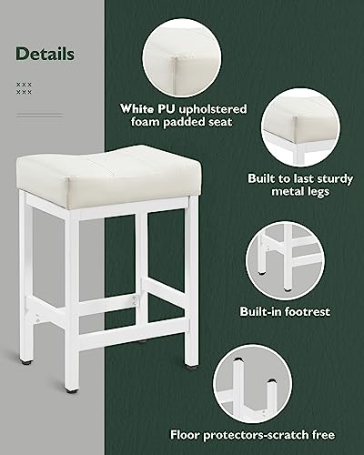 KATDANS Bar Stools Set of 2, 24" Counter Height Saddle Bar Stools, Upholstered PU Leather Bar Stools for Kitchen Island, Mid Century Modern Backless Barstools with Metal Base, KS861P-Cream, 2Pcs