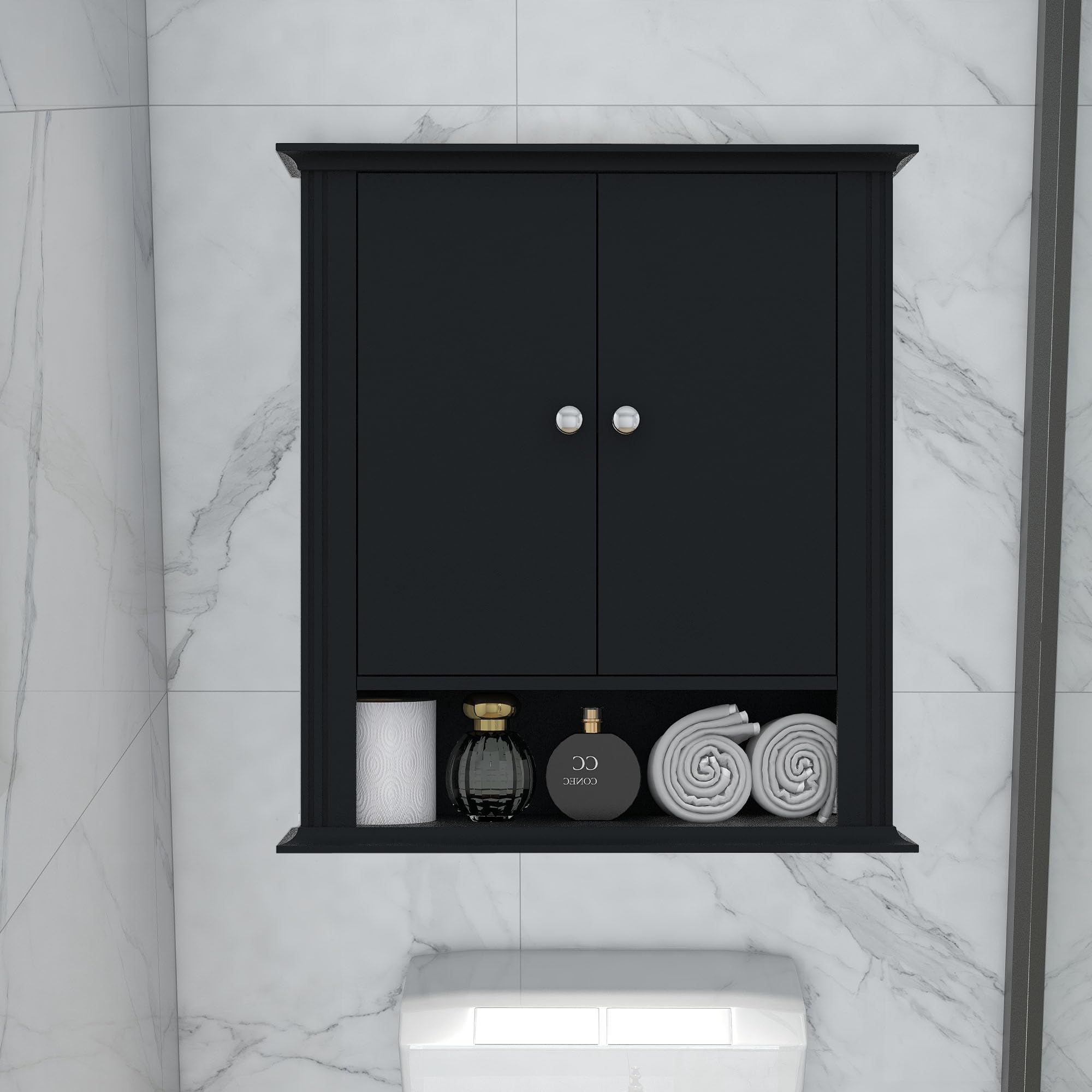 UYIHOME Wall Mounted Bathroom Medicine Cabinet with 2 Doors, Hanging Bathroom Wall Cabinet Over Toilet, Upper Cabinet Storage Cupboard for Bathroom Kitchen Laundry Room, Black, MC001