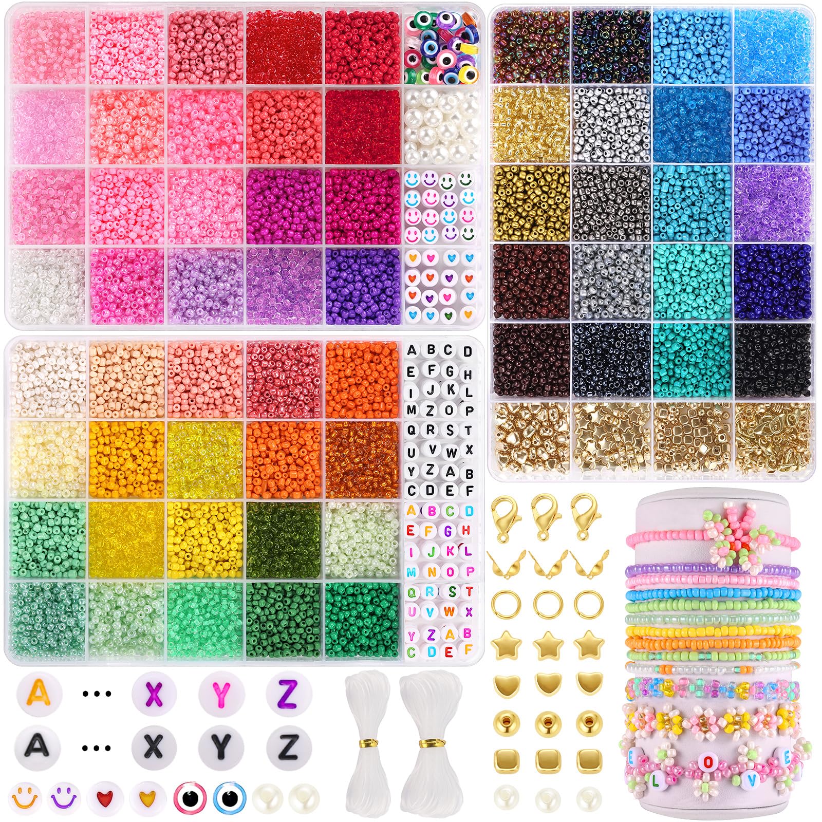 Funtopia 3mm 21600pcs Seed Beads for Jewelry Making, 60 Colors Small Glass Beads for Bracelets, Friendship Bracelet Kit with Alphabet Letter Beads, Evil Eye Beads for DIY, Art and Craft