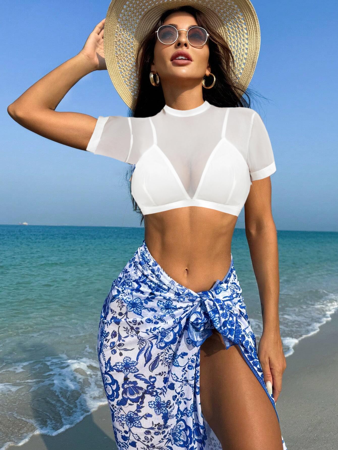 Avidlove White Crop Top Women's Mesh Crop Top Short Sleeve See Through Shirt Sexy Sheer Cropped Tee Women Crop Top White Mesh Top White M