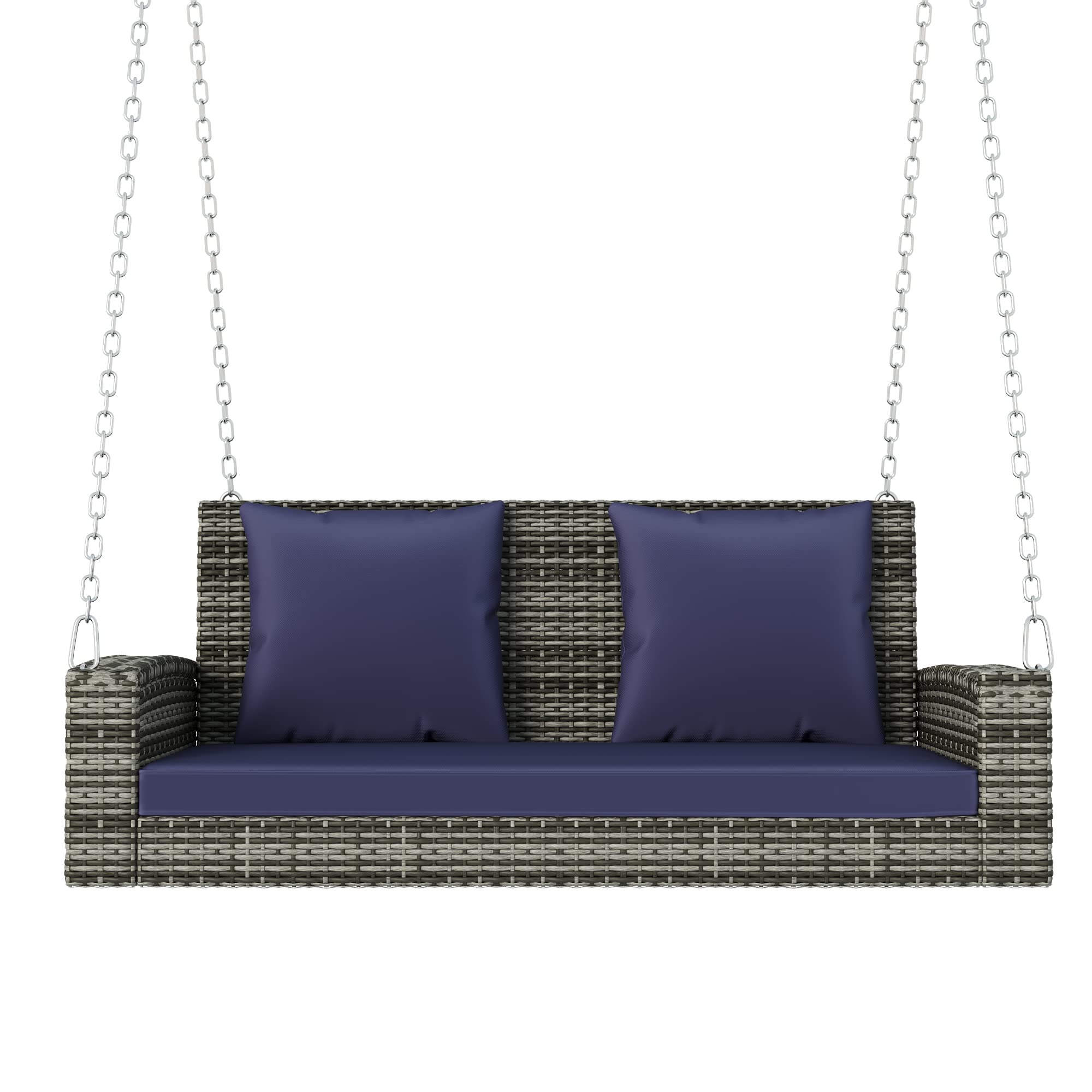 ERYE Outdoor PE Wicker Swing Chains, Pillows for Garden, Backyard, Pond Porch Furniture Set, 2 Seaters Double Rattan Cushioned Conversation Hanging Sofa & Couch, Gray+Blue