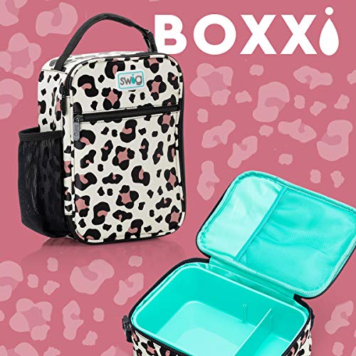 Swig Life Boxxi Lunch Box, Insulated Lunch Box for Women with Water Bottle Holder Side Pocket, Adjustable Meal Divider, Front Zipper Pocket, and Top Buckle Handle in Luxy Leopard Print