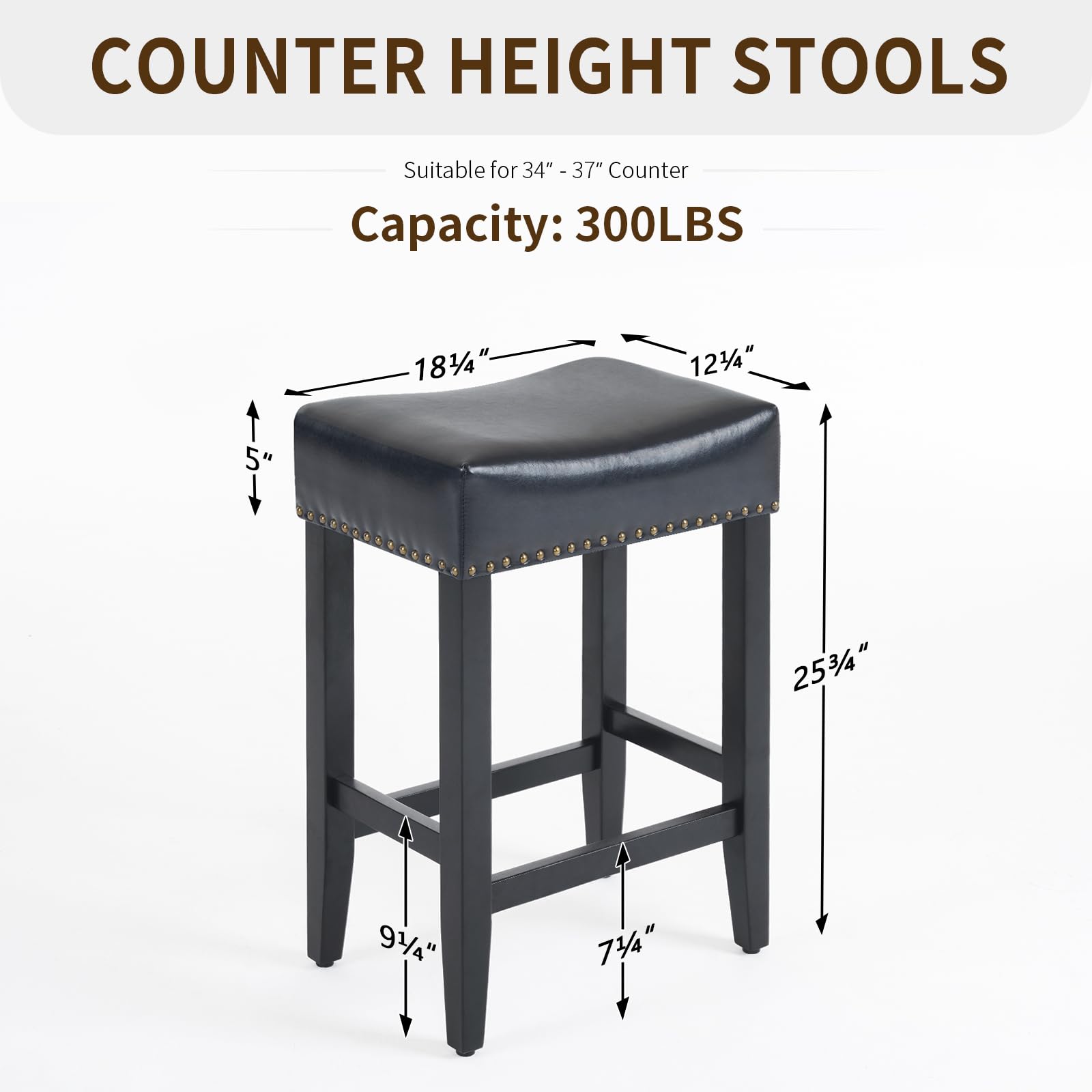 Furnimart 26” Bar Stools Set of 2 Leather Saddle Stool Counter Height Bar stools with Rivet Trim Cushion Seat Wood Counter Stools for Kitchen and Bar (PU-Black)
