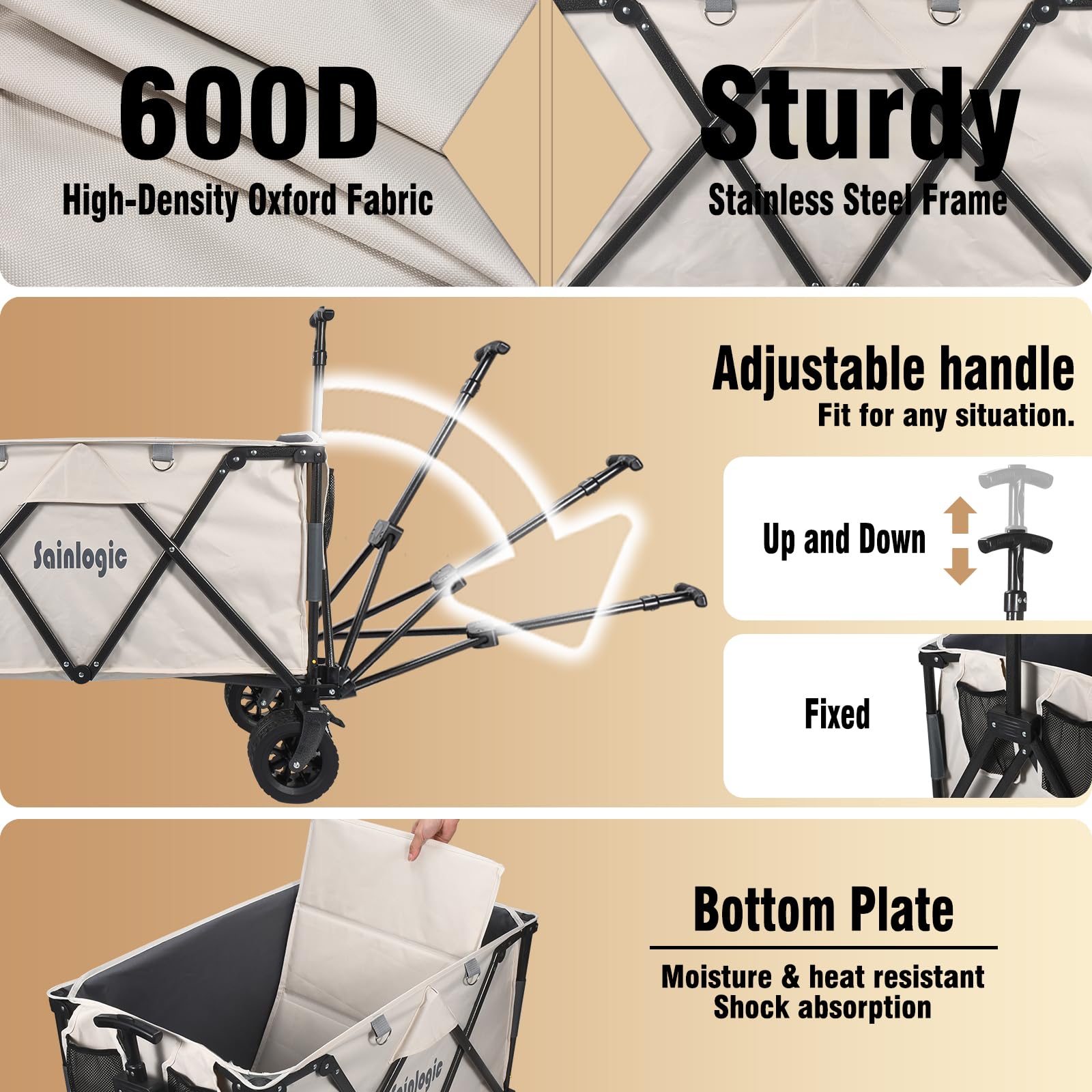 Sainlogic 300L Collapsible Folding Wagon with 450Lbs Large Capacity, Wagons Carts Heavy Duty Foldable with Big All-Terrain Beach Wheels & Drink Holders (Off-white)