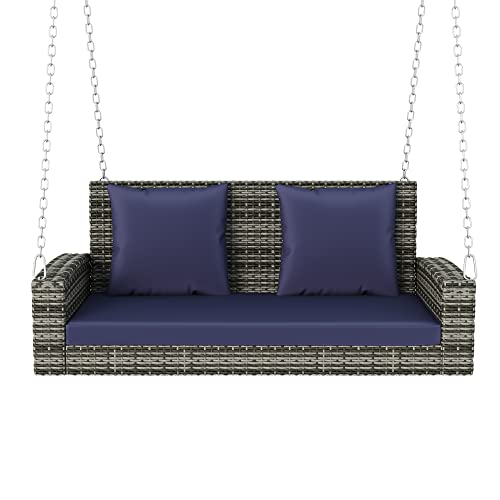 ERYE Outdoor PE Wicker Swing Chains, Pillows for Garden, Backyard, Pond Porch Furniture Set, 2 Seaters Double Rattan Cushioned Conversation Hanging Sofa & Couch, Gray+Blue