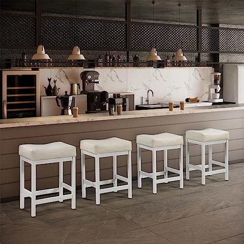 KATDANS Bar Stools Set of 2, 24" Counter Height Saddle Bar Stools, Upholstered PU Leather Bar Stools for Kitchen Island, Mid Century Modern Backless Barstools with Metal Base, KS861P-Cream, 2Pcs