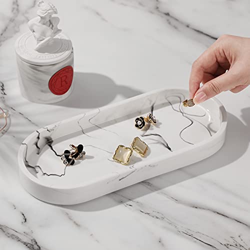 KENOBEE Jewelry Organizer Tray, Resin Bathtub Bathroom Catchall, Oval Cosmetic Vanity Decorative Storage Holder Jewelry Dish for Ring Bracelet Perfume Soap Shampoo Towel Tissues, Marble White