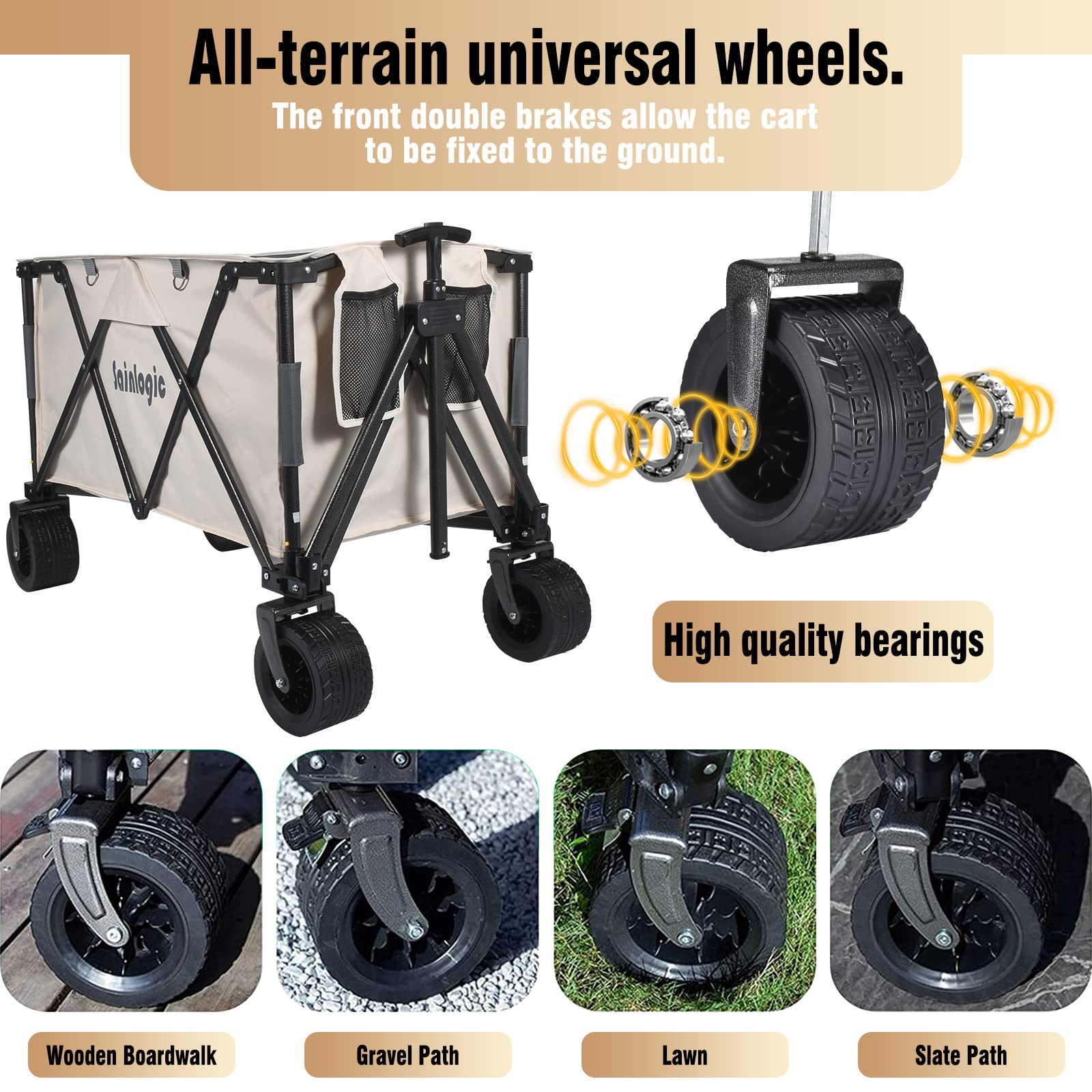 Sainlogic 300L Collapsible Folding Wagon with 450Lbs Large Capacity, Wagons Carts Heavy Duty Foldable with Big All-Terrain Beach Wheels & Drink Holders (Off-white)