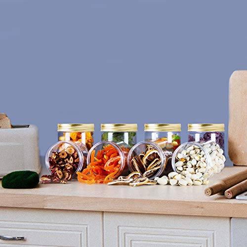 Plastic Jars with Lids,12 Pack Refillable Plastic Slime Storage Containers Clear Plastic Food Storage Jars,Plastic containers with Gold lids for Beauty Products,Kitchen & Storage - BPA Free (4 Ounce)