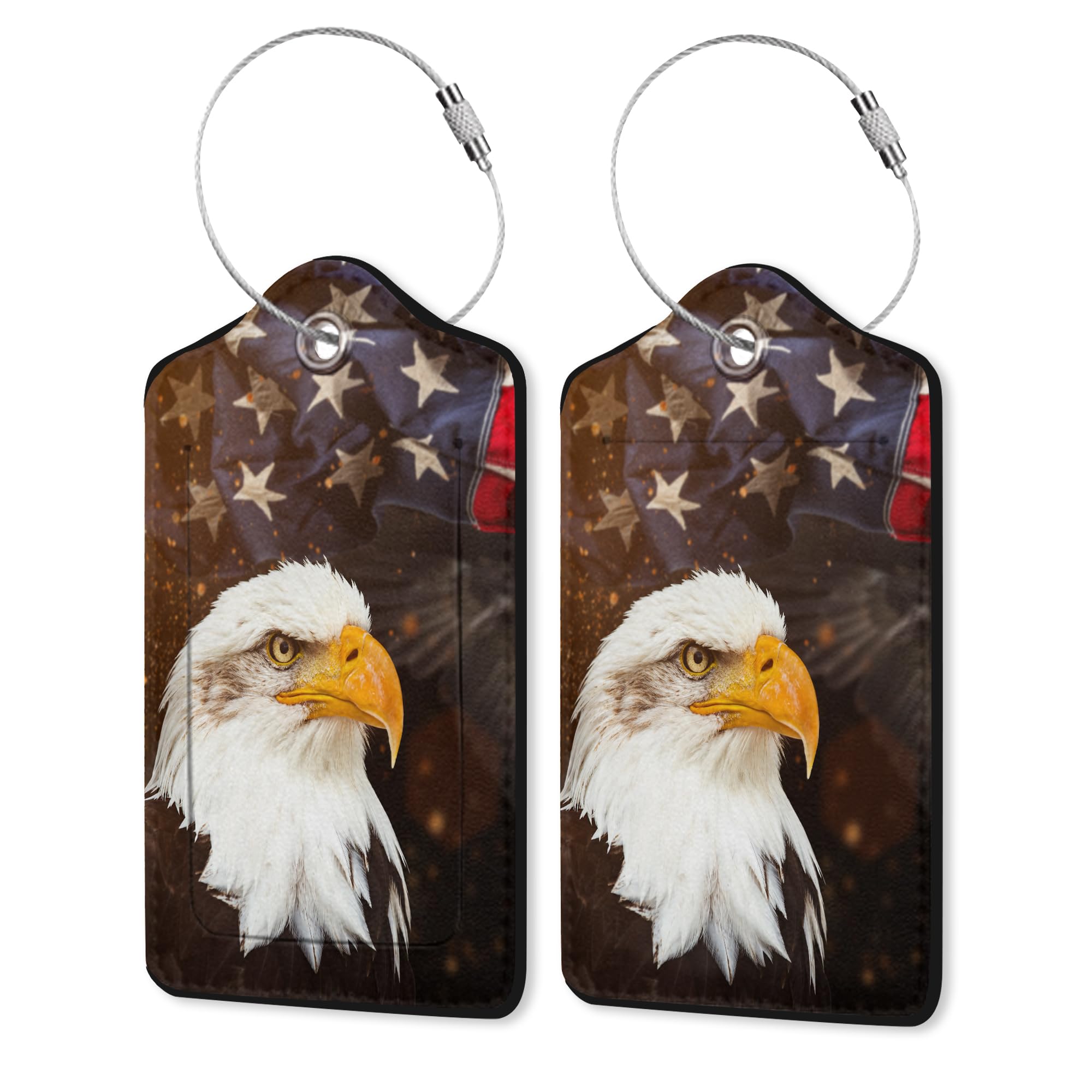 2 Pack Luggage Tag for Suitcase,American Flag with Eagle Leather Suitcase Tags Identifiers with Privacy Name Address Labels & Durable Steel Loop for Women/Men Travel