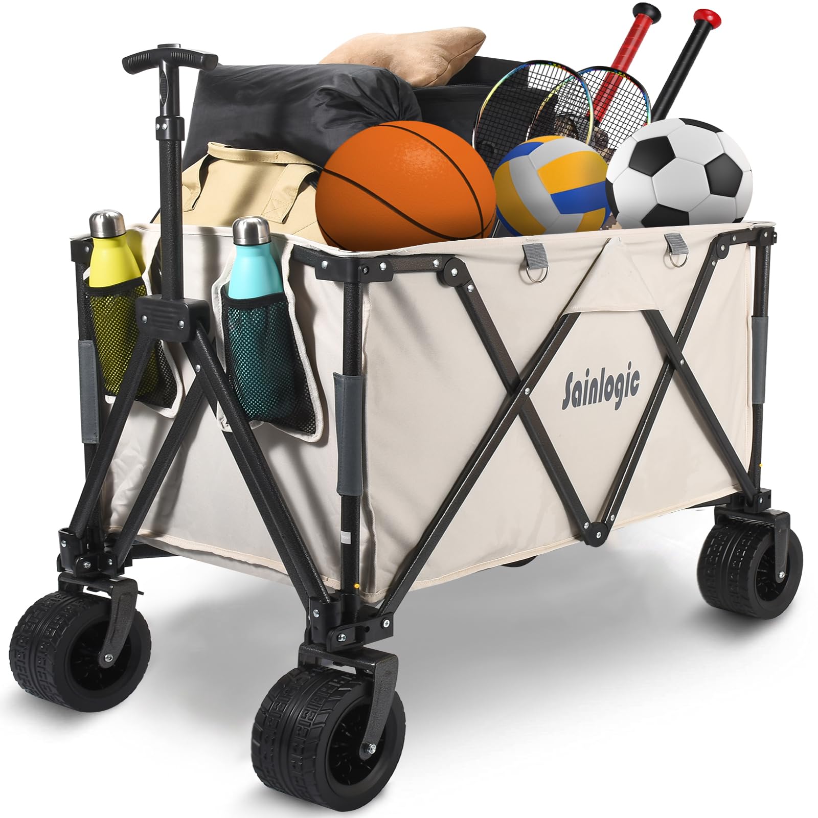 Sainlogic 300L Collapsible Folding Wagon with 450Lbs Large Capacity, Wagons Carts Heavy Duty Foldable with Big All-Terrain Beach Wheels & Drink Holders (Off-white)