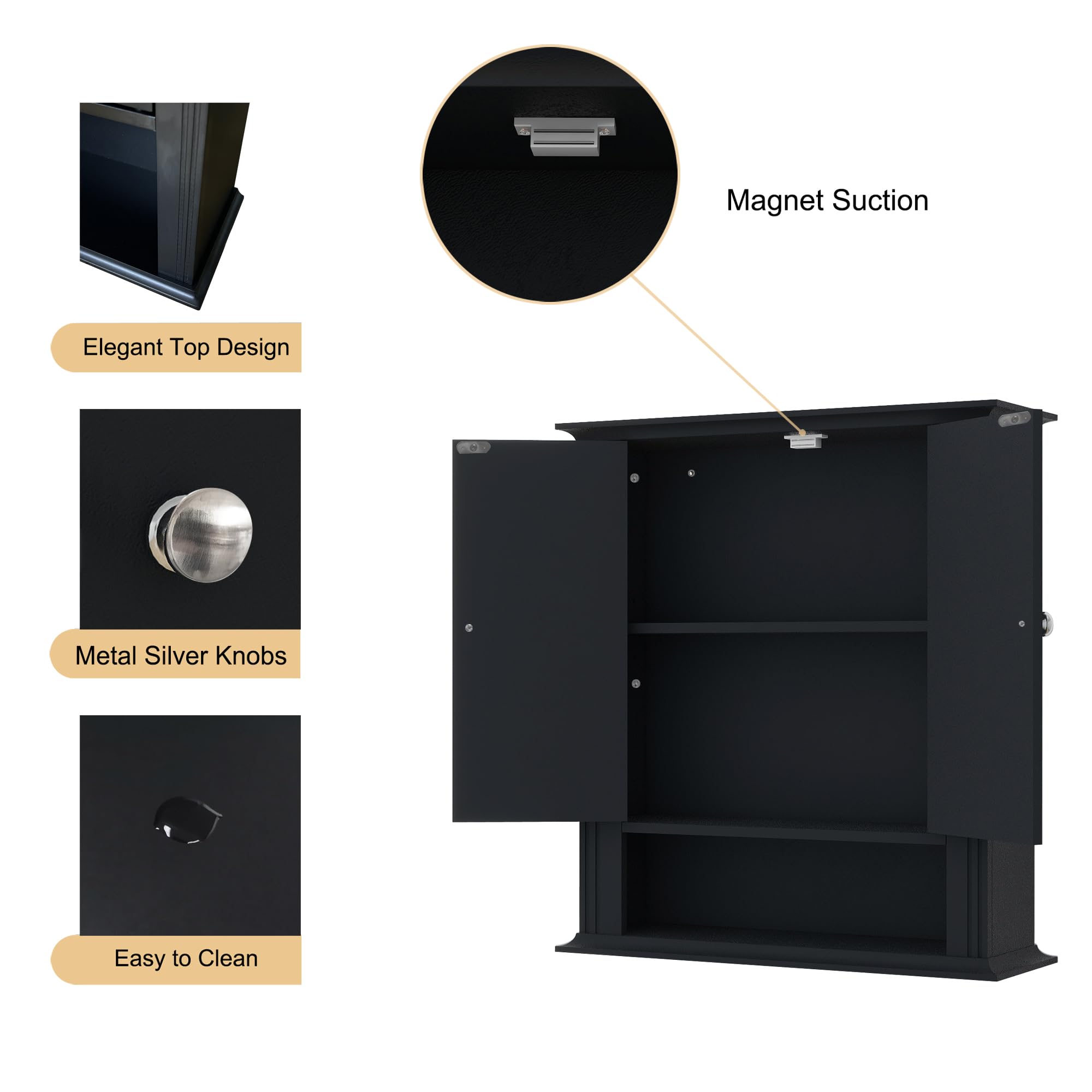 UYIHOME Wall Mounted Bathroom Medicine Cabinet with 2 Doors, Hanging Bathroom Wall Cabinet Over Toilet, Upper Cabinet Storage Cupboard for Bathroom Kitchen Laundry Room, Black, MC001