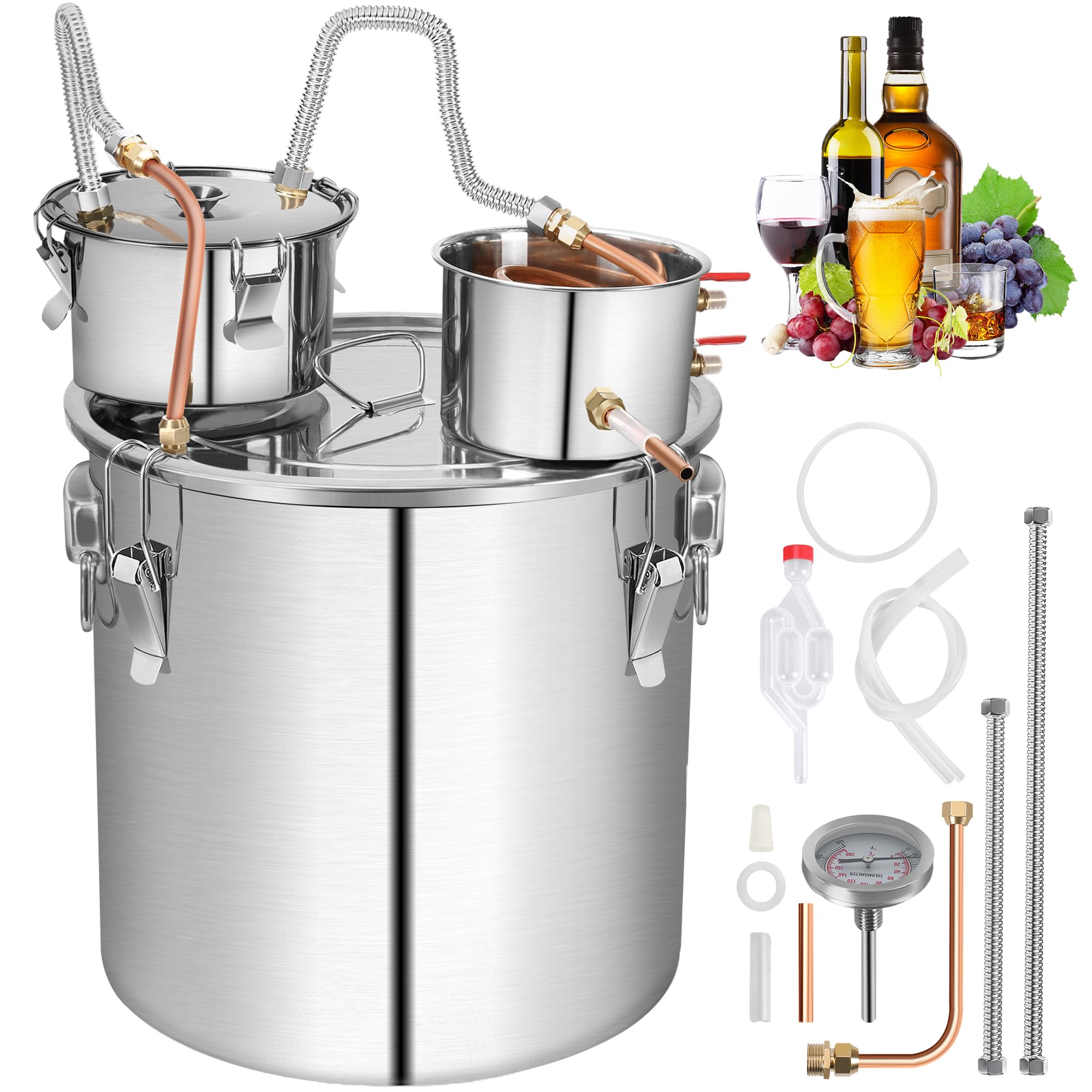 Rengue Alcohol Still 13.2 Gal, 50L Stainless Steel Alcohol Distiller Copper Tube with Thumper Keg, Home Brewing Kit Build-In Thermometer for DIY Whisky Wine Brandy Silver