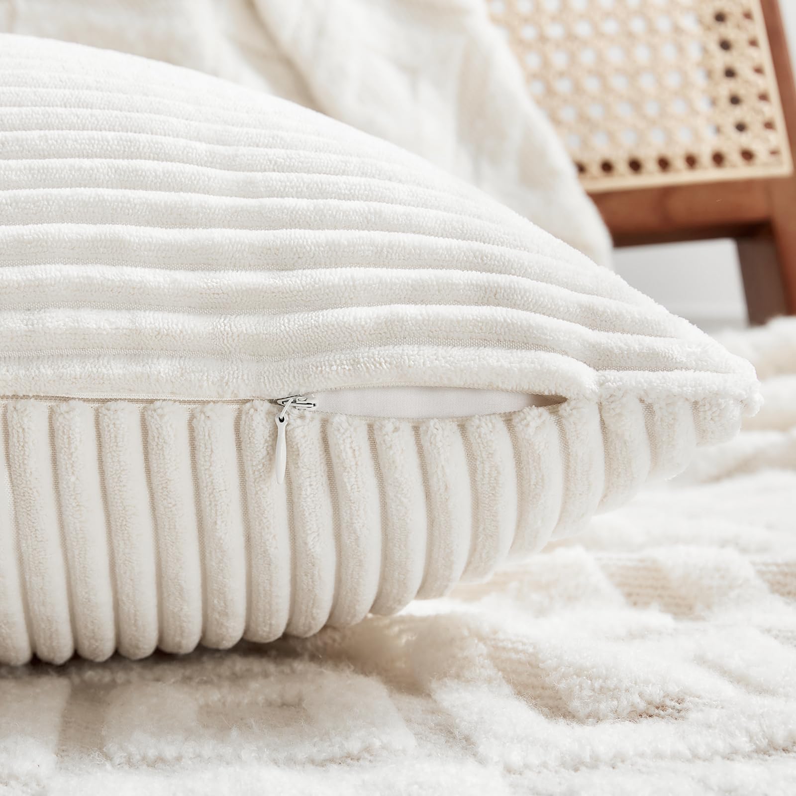Fancy Homi 2 Packs Cream White Lumbar Decorative Throw Pillow Covers 12x20 Inch for Couch Bed Sofa, Rustic Farmhouse Boho Home Decor, Soft Striped Corduroy Rectangle Accent Cushion Case 30x50 cm