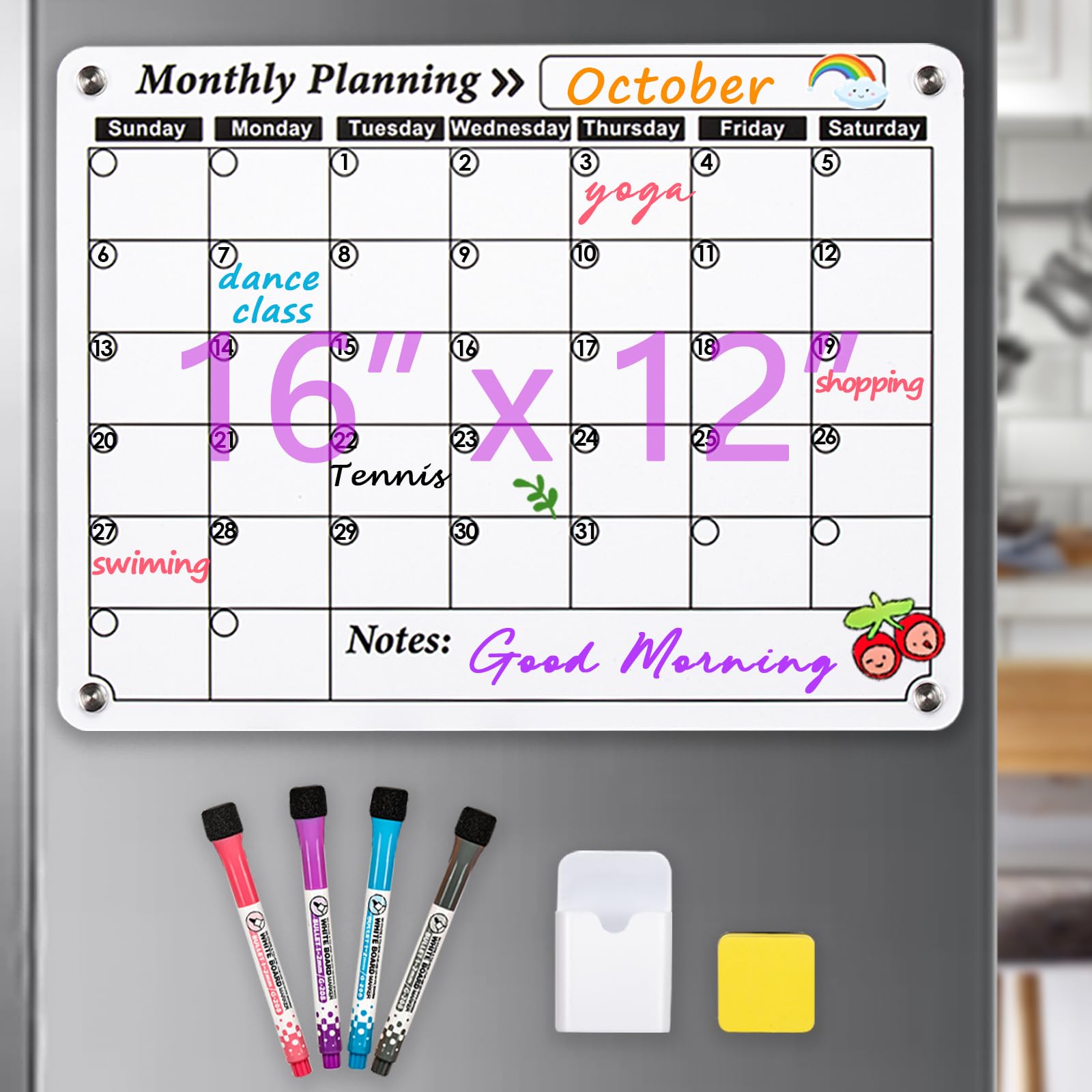 Neepiar Acrylic Magnetic Whiteboard Dry Erase Calendar for Fridge, 16" x 12" Refrigerator Includes 4 Dry Erase Markers with 4 Colors (Monthly Planner)