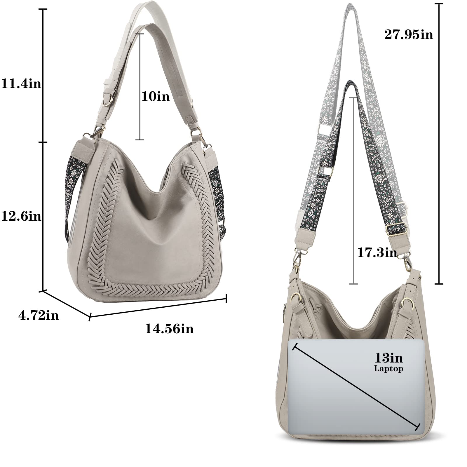 EMBRUNIOICE Large Hobo Bags for Women, Vegan Leather Hobo Purse and Handbag with Adjustable Guitar Strap, Ladies Crossbody Shoulder Bag (Light Grey)
