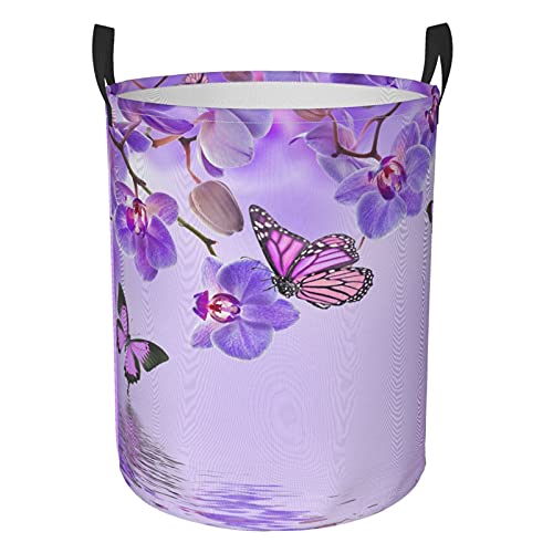 FeHuew Purple Flowers Butterfly on Water Collapsible Laundry Basket with Handle Waterproof Fabric Hamper Laundry Storage Baskets Organizer Large Bins for Dirty Clothes,toys,Bathroom